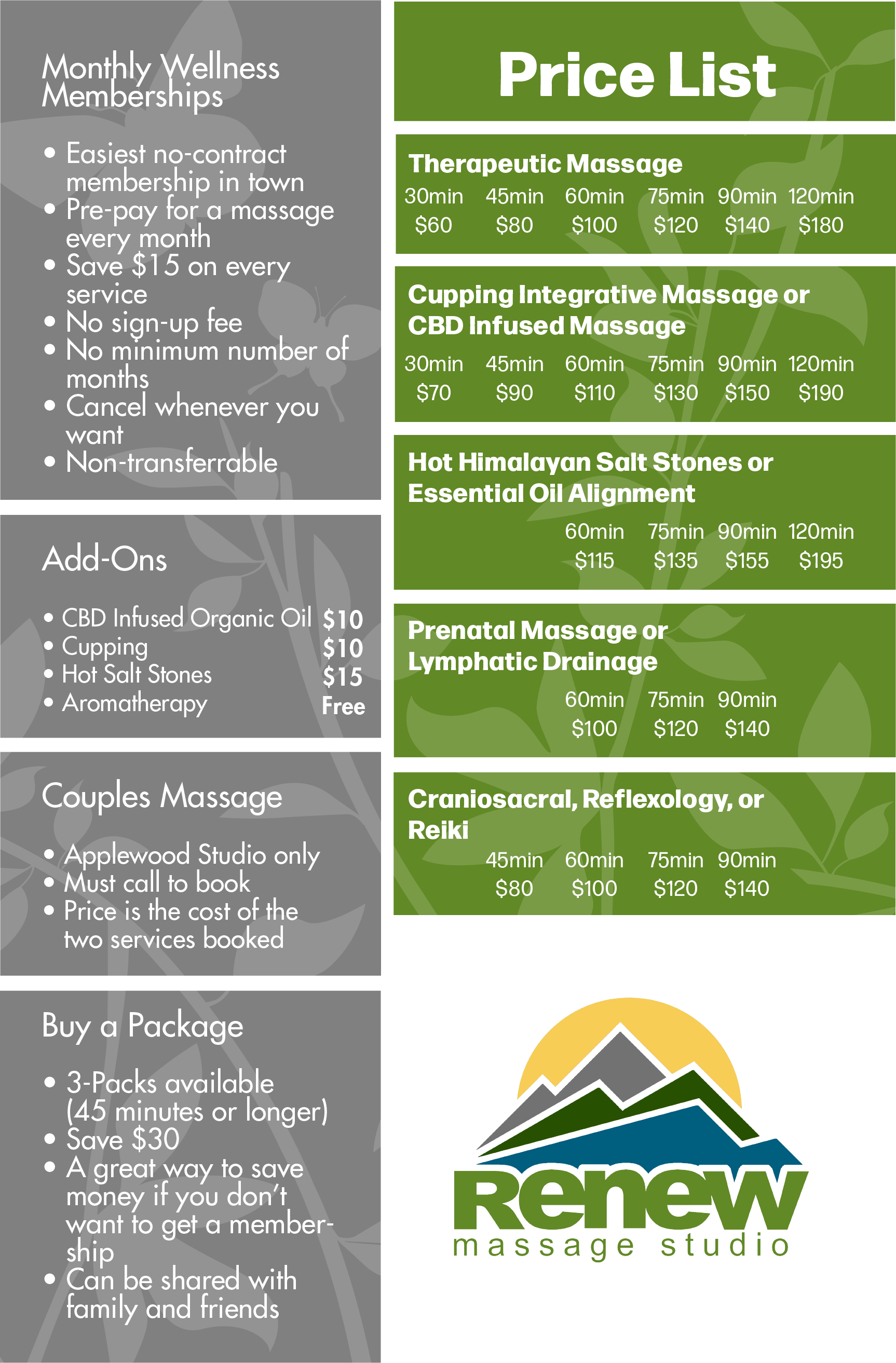 Price List Renew Massage Studio Price List Renew Massage Studio